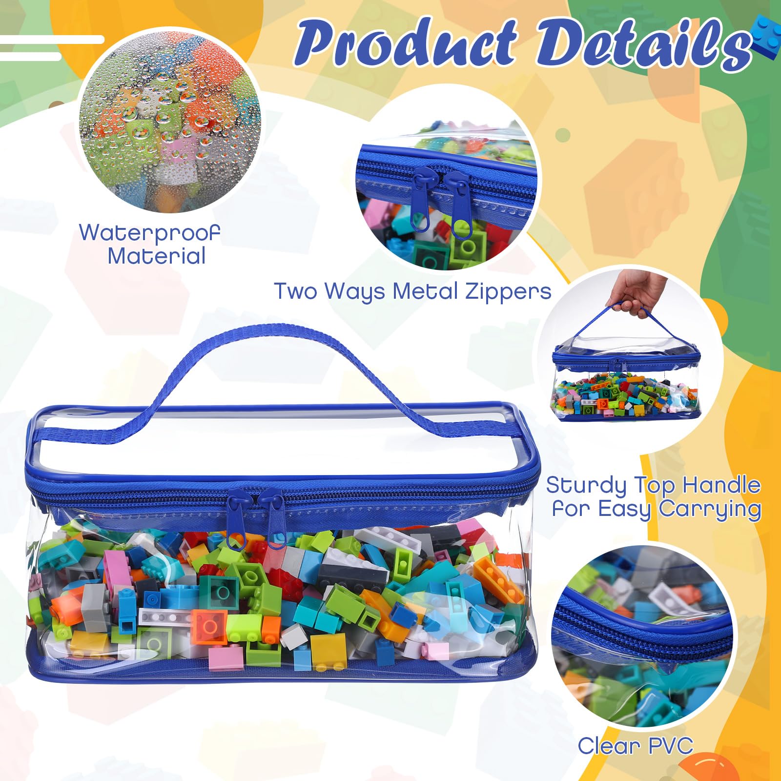 Nitial 3 Packs Small Clear Toy Storage Bags, PVC Toy Storage Bags with Zipper Handle, Waterproof Storage Bag Container for Small Toys, Building Blocks and Board Games(Red, Blue, Green)