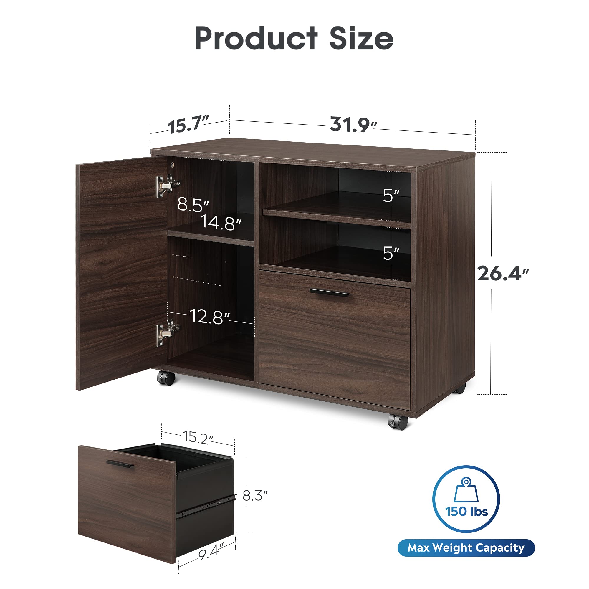 DEVAISE Wood Lateral File Cabinet with 1 Drawer, Printer Stand with Storage Door and Shelves, Large Mobile Filing Cabinet for Home Office, Walnut