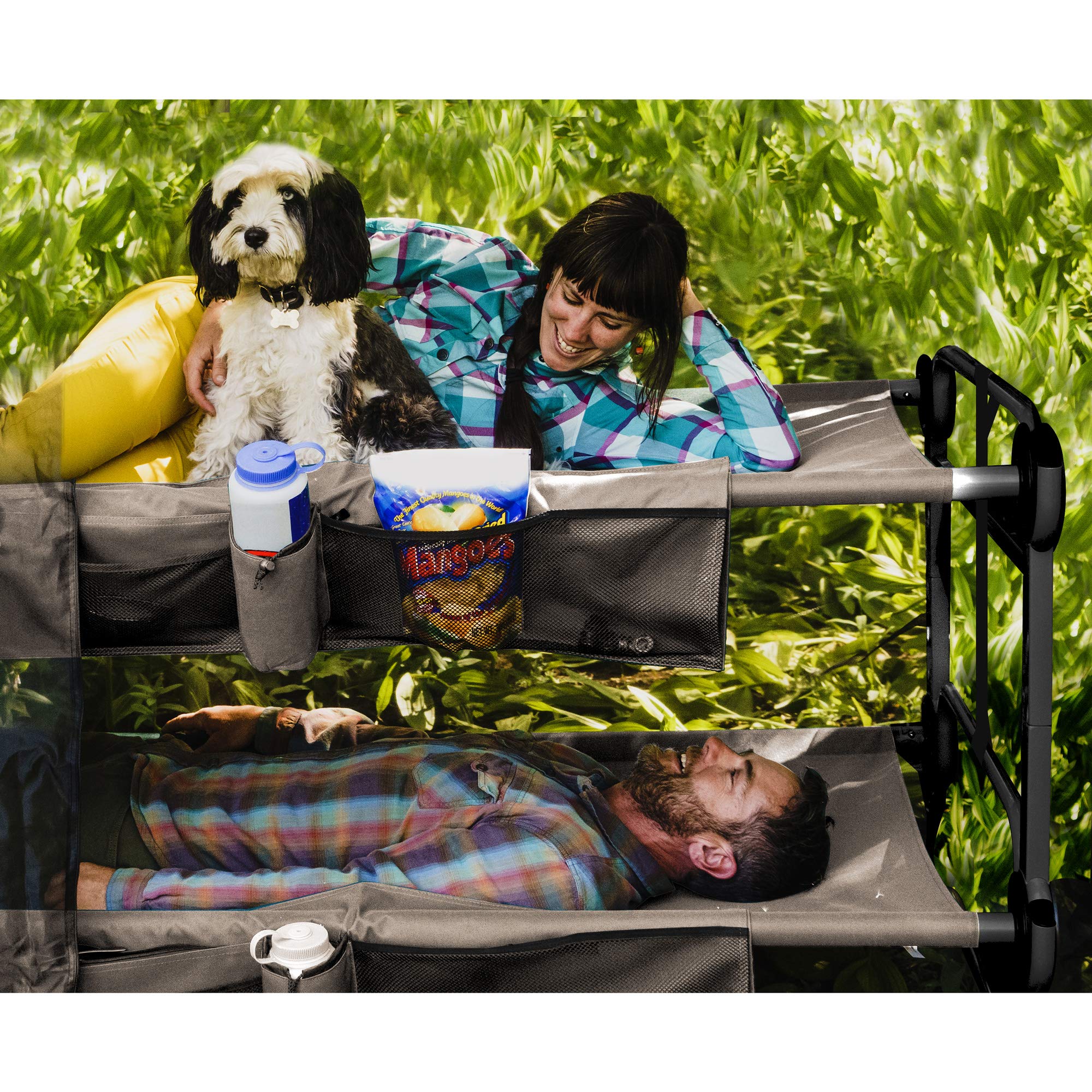 Disc-O-Bed 30901BO Large and Youth Cam-O-Bunk 2 Person Bench Bunked Double Camping Bunk Bed Cot with 2 Side Organizers, Tan (2 Pack)