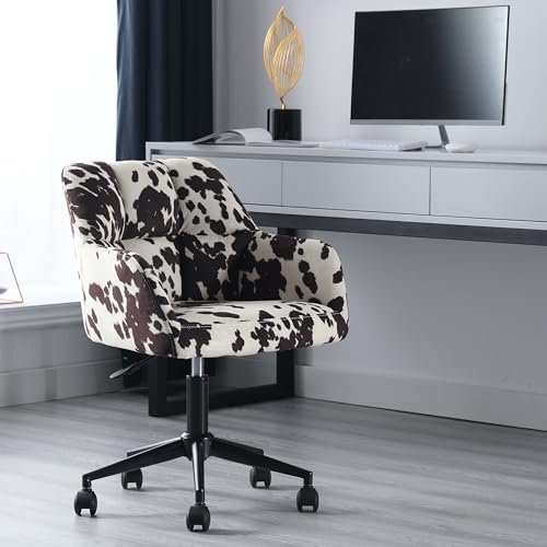 RIVOVA Modern Velvet Office Desk Chair with Armrest, Height Adjustable Wide Seat Computer Task Chair for Home Office, Mid Back Accent Chair, Cow