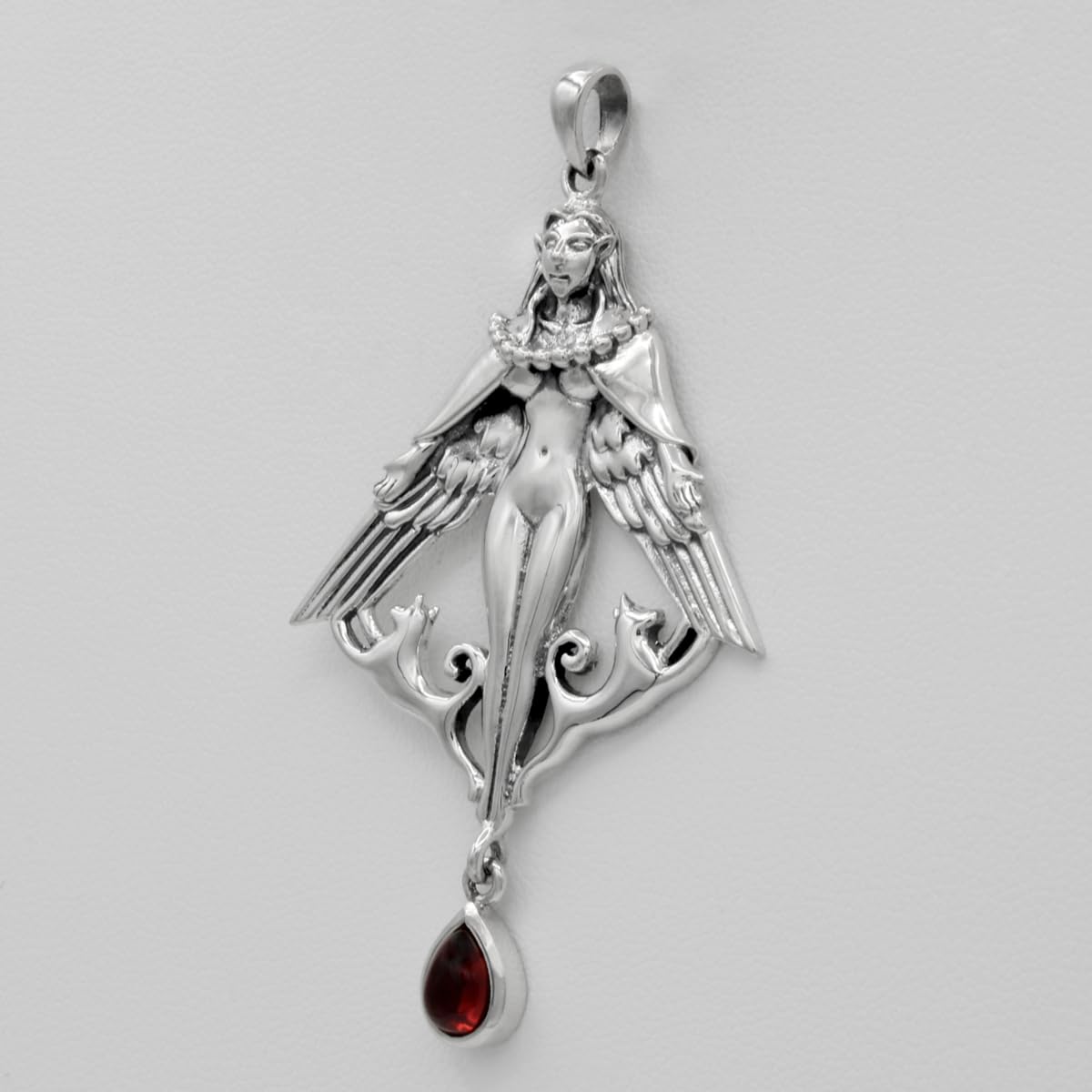 Dryad Design Freya Pendant - Norse Viking Pagan Goddess Jewelry for Women (Sterling Silver and Garnet)