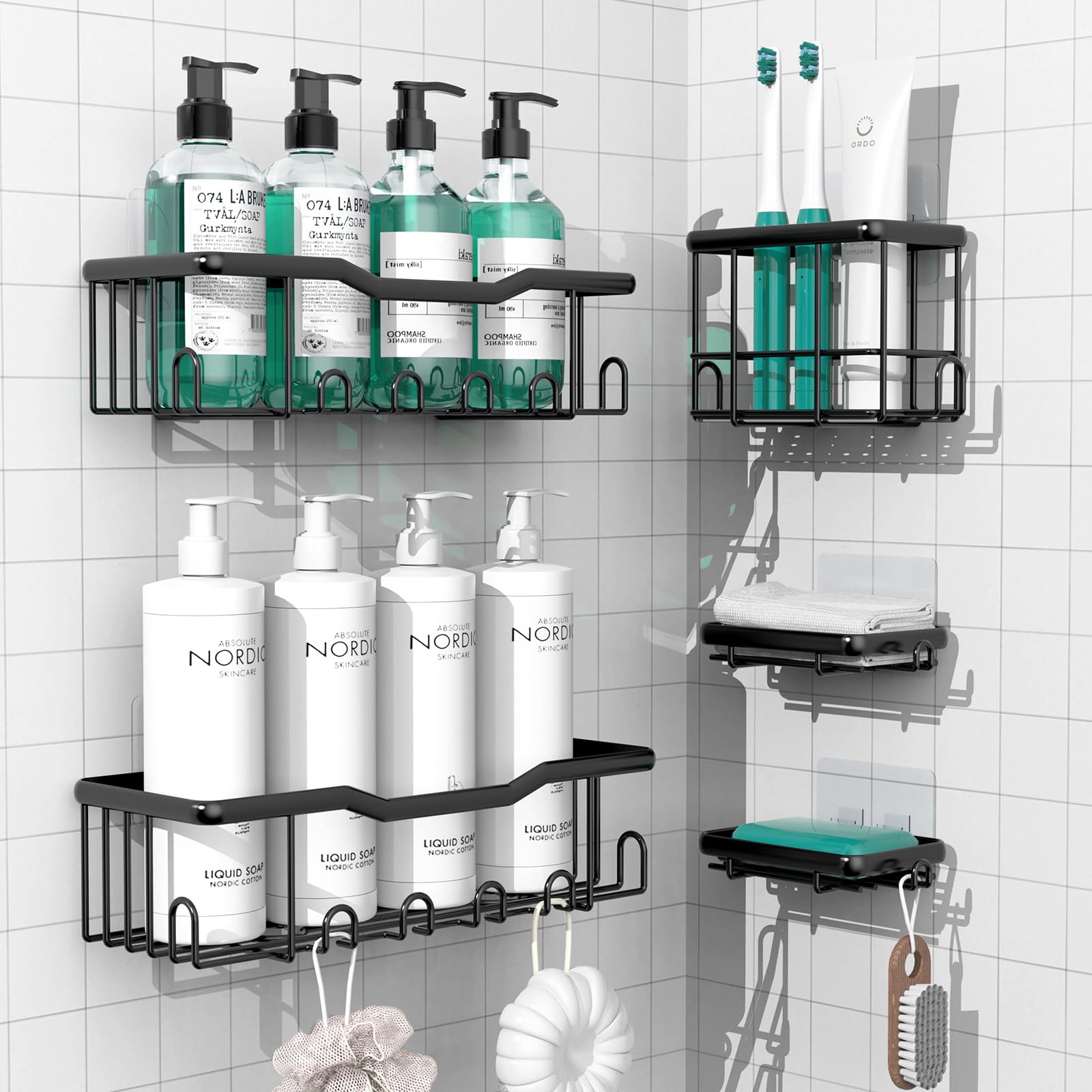 RM FOLD Shower Caddy, 5 Pack Adhesive Shower Organzier, No Drilling Shower Shlves, Rustproof Stainless Steel Bathroom Shower Organzier for Bathroom, Kitchen and Dorm Organization and Storage, Black