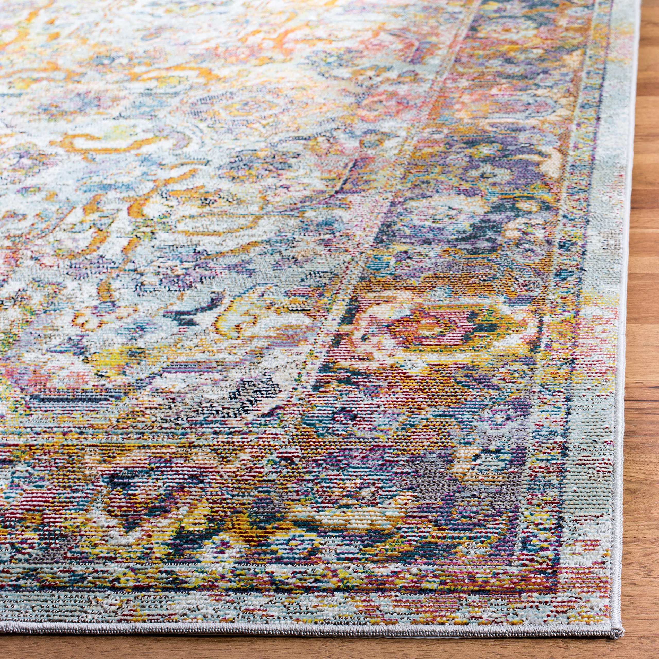 SAFAVIEH Crystal Collection Area Rug - 7' Square, Light Blue & Orange, Boho Chic Oriental Distressed Design, Non-Shedding & Easy Care, Ideal for High Traffic Areas in Living Room, Bedroom (CRS504A)