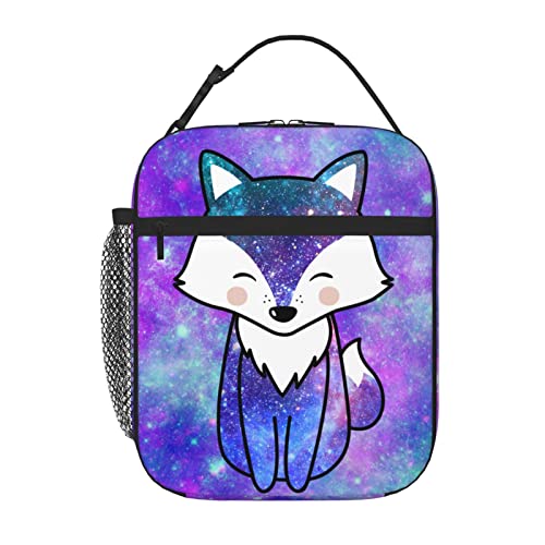 FREE LION Cute Fox Insulated Lunch Bag Blue Purple Pink Galaxy Lunch Box Reusable Lunch Tote Bento for Office Work School Picnic Beach, Leakproof Freezable Cooler Bag for Men Women Teens Kids