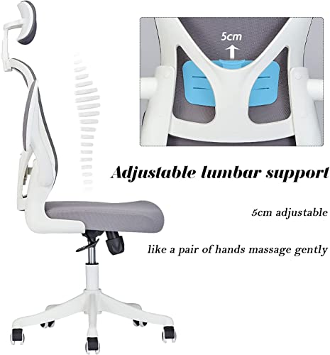 Moppson Ergonomic Office Chair, High Back Desk Chair,360-Degree Swivel,Adjustable Height with Flip-Up Arms,Tilt Function,Cushion for Lumbar Support Office Chair (White)