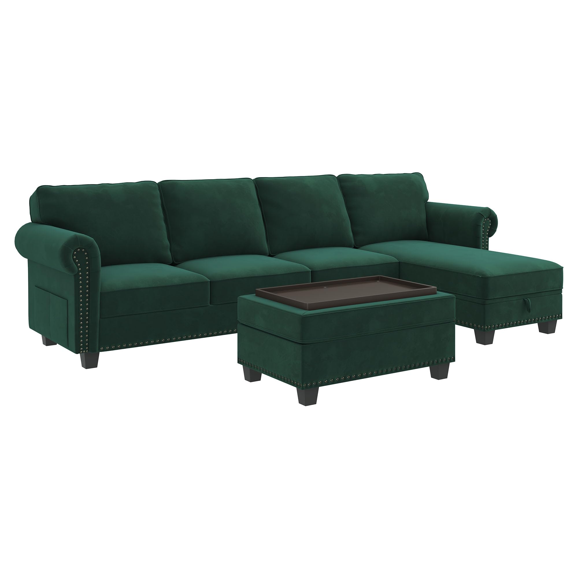 Nolany Velvet Sectional Sofa Set, L Shaped Sectional Couch with Storage Tray Ottoman Convertible 4 Seater Sofa Couch for Living Room, Dark Blue