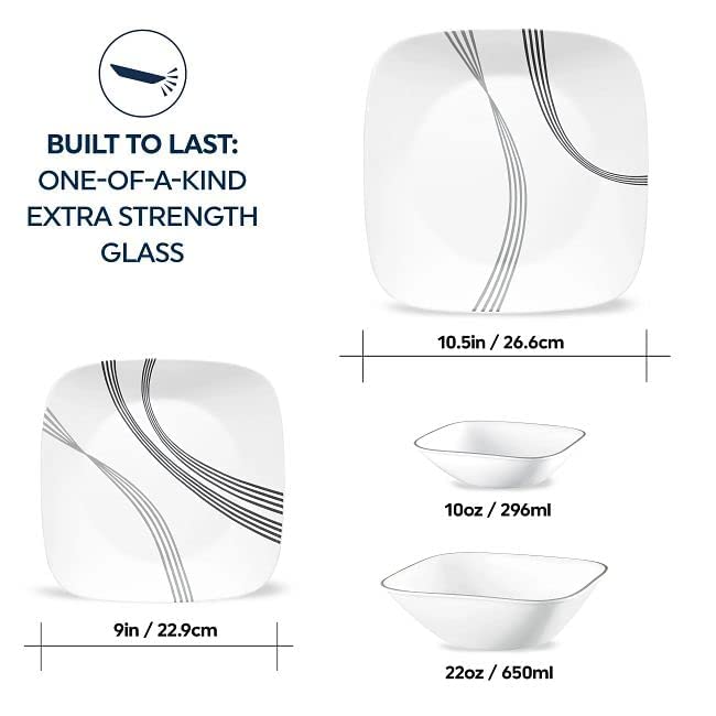 Corelle Urban Arc 16pc, Service for 4, Dinnerware Set, 8 Plates Bowls, Chip & Break Resistant, Dinner and Corelleware White