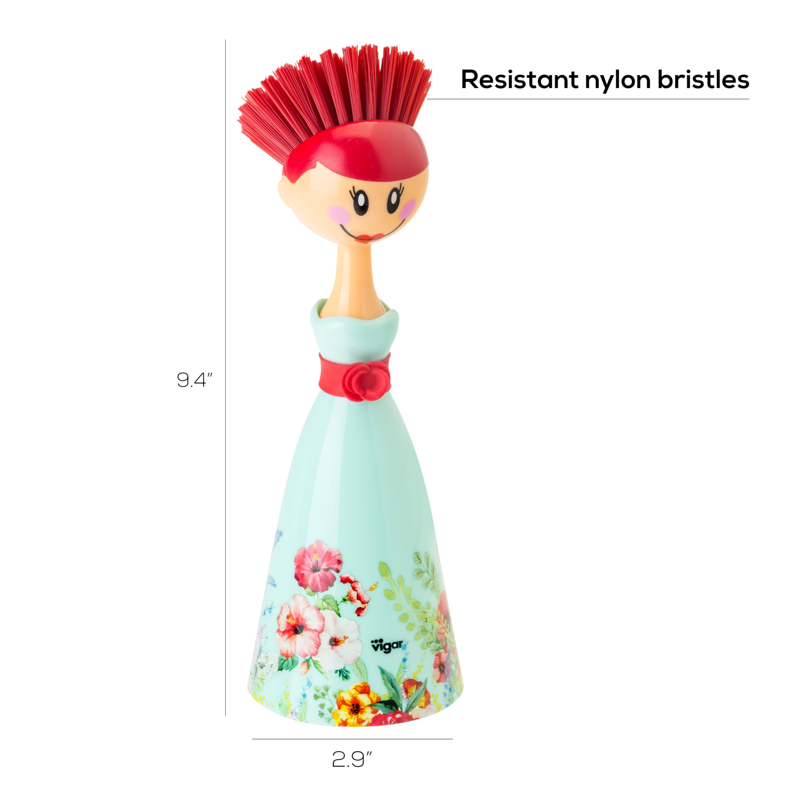 Vigar Dolls Dish Brush with Ergonomic Handle and Dres-Shaped Storage Holder - Scrub Brush for Pans, Pots, Kitchen Sink Cleaning, Blue/Pink