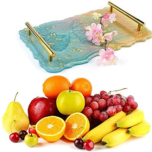 Silicone Resin Tray Mold,Large Irregular Tray Mold Epoxy Resin Mold with 2 Metal Handles Easy Demold Silicon Coaster molds for Making Faux Agate Tray,Serving Board,Fruit Tray,etc,L