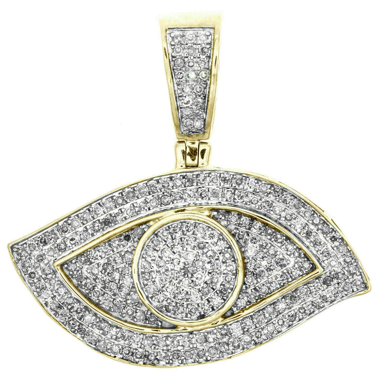 DT JEWELS 10K Yellow Gold Over Round Diamond Evil Eye of Ra Pendant 1.15" Pave Charm 3 CT
