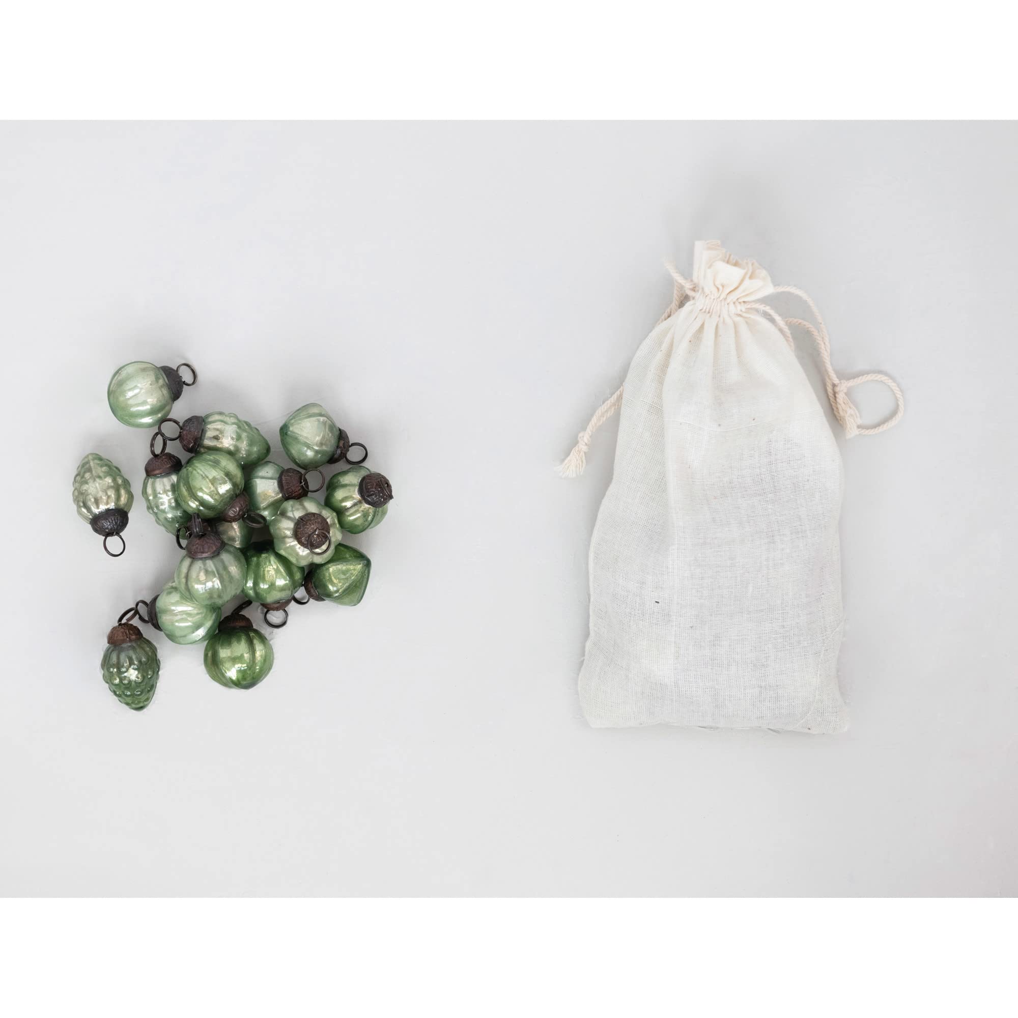 Creative Co-Op Embossed Mercury Glass Ornaments In Muslin Bag, Green, Set Of 36