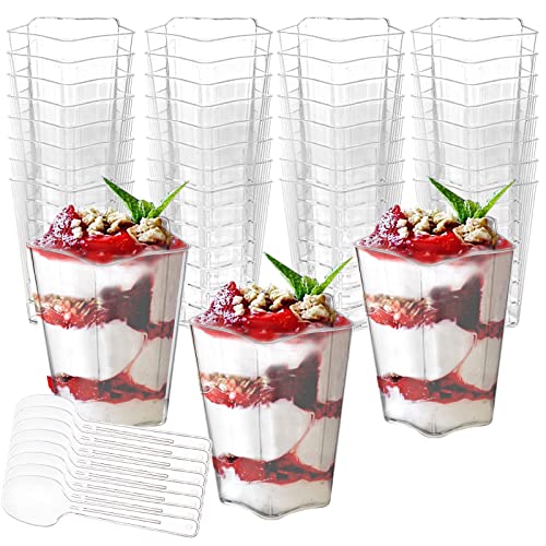Hacaroa 100 Pack Mini Dessert Tumbler Cups with Spoons, 2 Oz Plastic Star Parfait Appetizer Cups, Clear Reusable Dessert Serving Bowls for Puddings, Mousse, Party Event