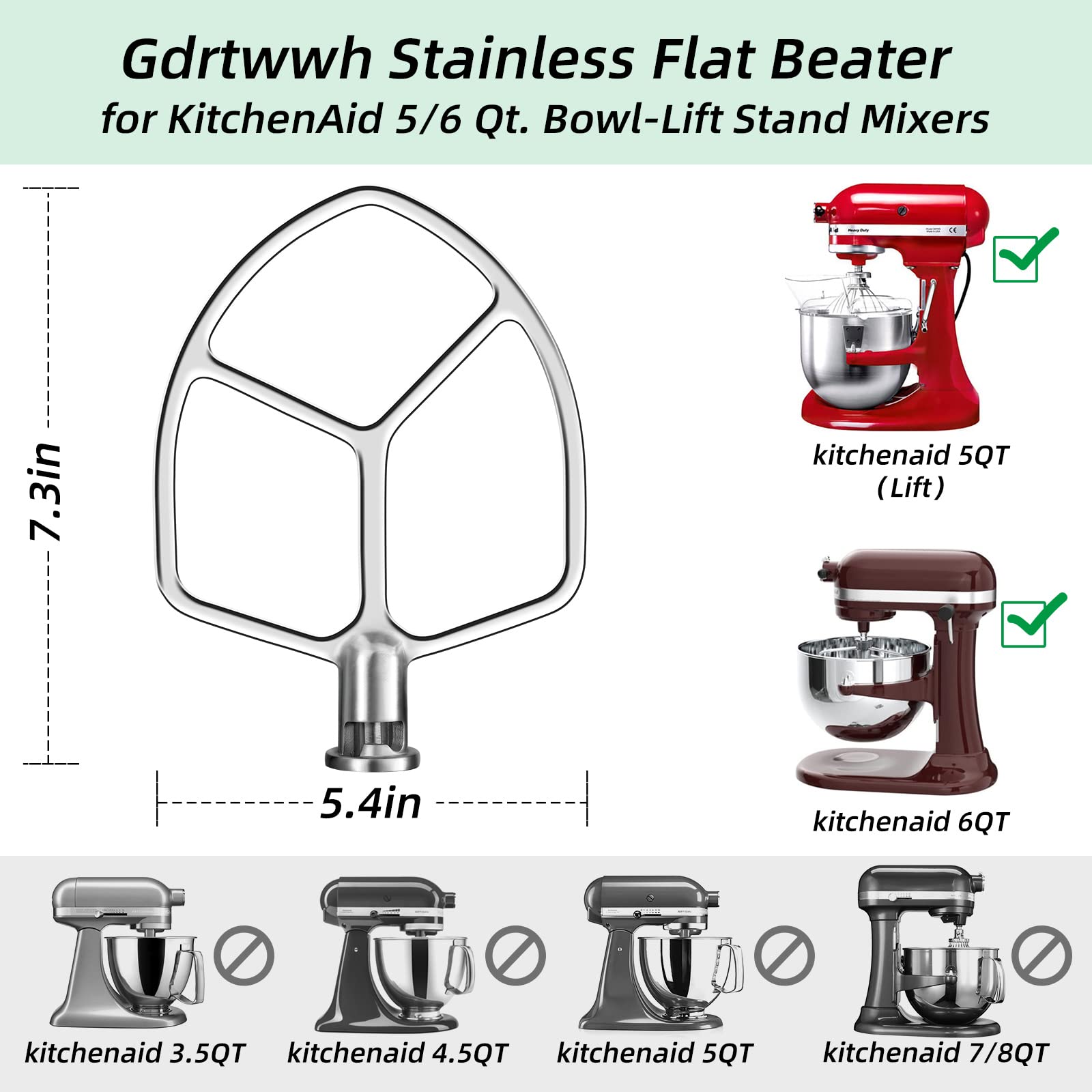 Gdrtwwh Stainless Steel Flat Beater Attachment for KitchenAid 5 & 6-Quart Bowl-Lift Mixer,for Baking - Pastry, Pasta Dough, Mixing Accessory(Dishwasher Safe)