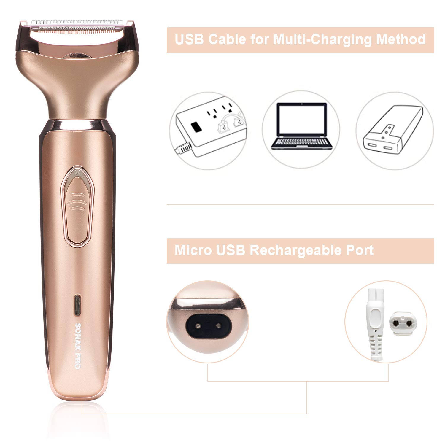 Electric Shaver for Women - Painless Electric Razor for Legs, Face & Bikini Line - Portable Wet and Dry Trimmer -Safe & Cordless - Micro USB Rechargeable