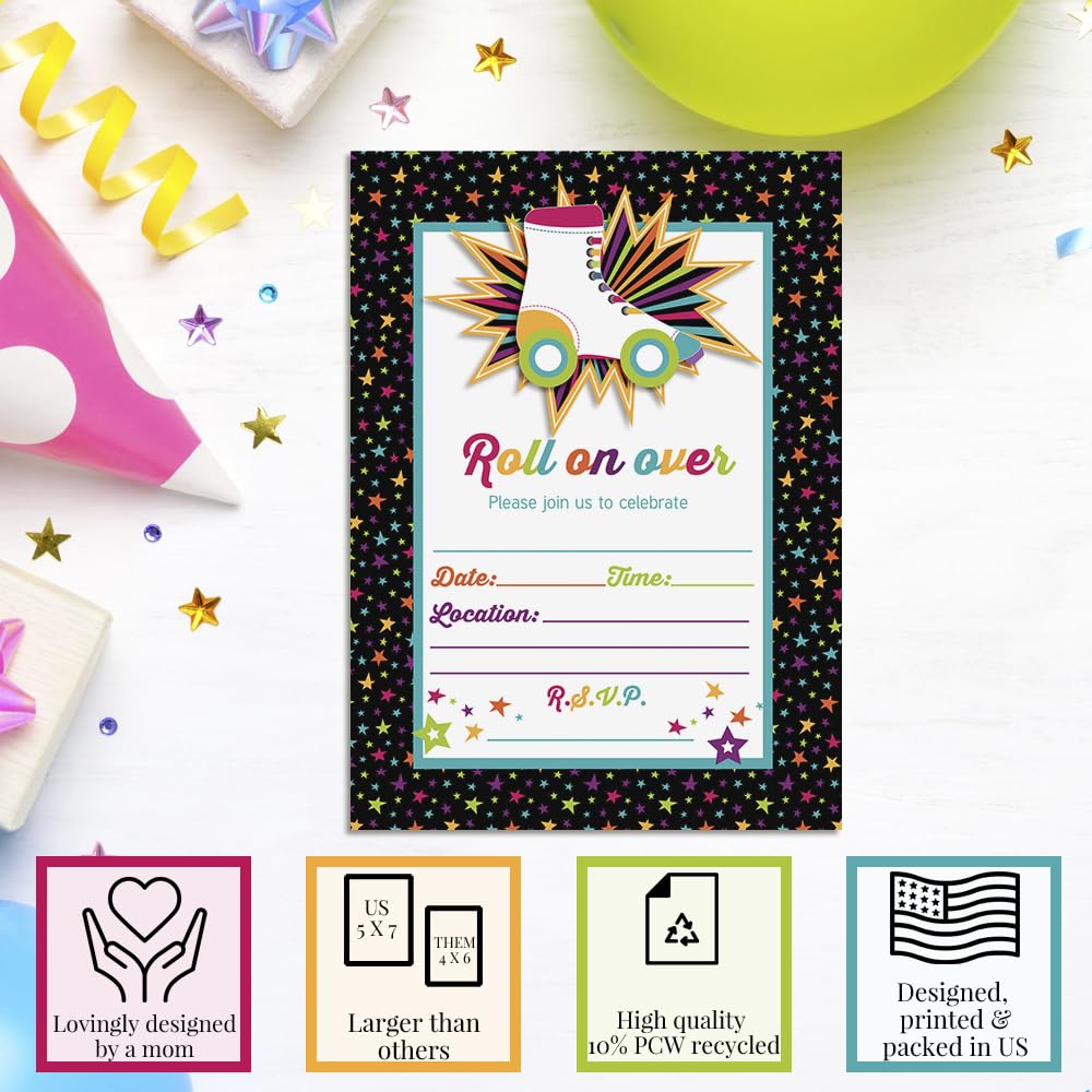 Roller Skating Birthday Party Invitations, 20 5x7 Fill In Cards with Twenty White Envelopes by AmandaCreation
