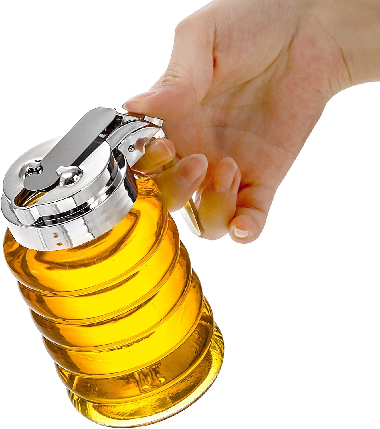 Hacaroa 4 Pack Glass Syrup Dispenser, 10 Oz Maple Syrup Pourer Container with Plastic Top, No Drip Honey Syrup Holder Dispenser Bottles for Honey, Syrup
