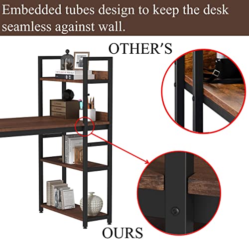 Napnapday 55 inch Computer Desk with Shelves, Desk with Storage Bookshelf Writing Table for Gaming Home Office Bedroom, Mahogany