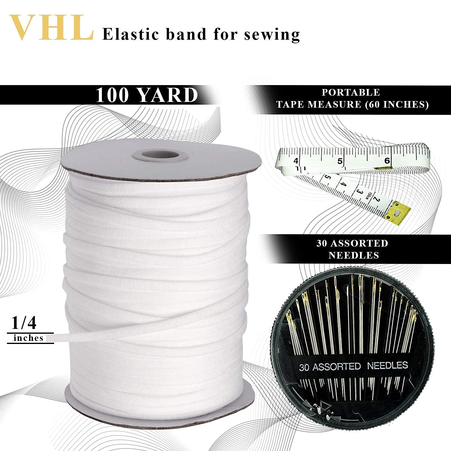 Elastic Band for Sewing 100 Yards Elastic String White DIY Mask Soft Cord for Mask Rope Roll with Needles and Soft Tape Measure Double Scale Knit Elastic