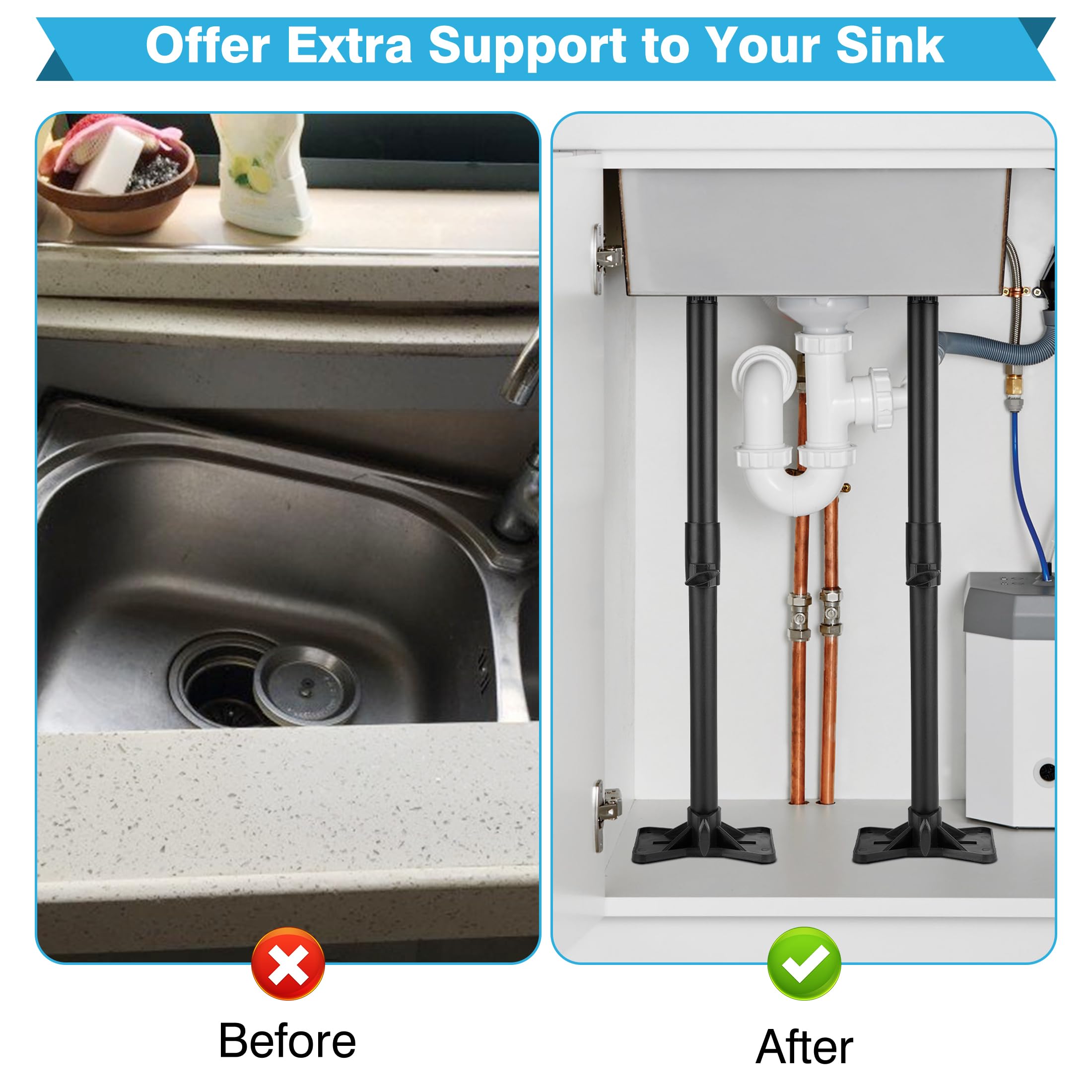 IRONWALLS Undermount Sink Brackets, 2PCS 17.7β-29.5β/45-75cm Height Steel Kitchen Sink Cabinet Support Poles Adjustable, Drilling Free Sink Repair Kit for Kitchen, Bathroom