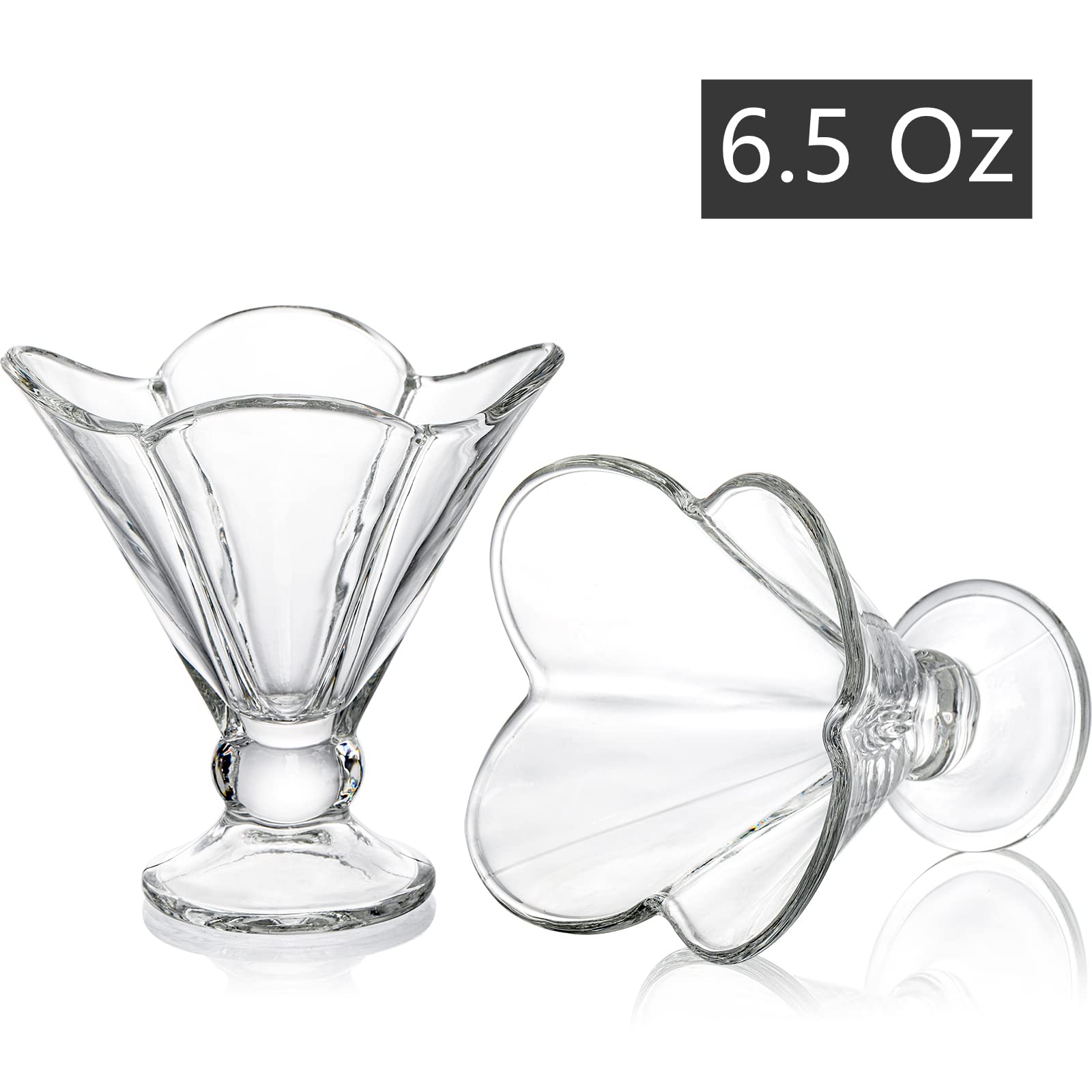 Hacaroa 6 Pack Glass Ice Cream Bowls Small Sundae Cups, 6.5 Ounces Footed Dessert Bowls Milkshake Glasses, Clear Cute Trifle Bowls for Pudding, Parfait, Fruit, Clover Shape