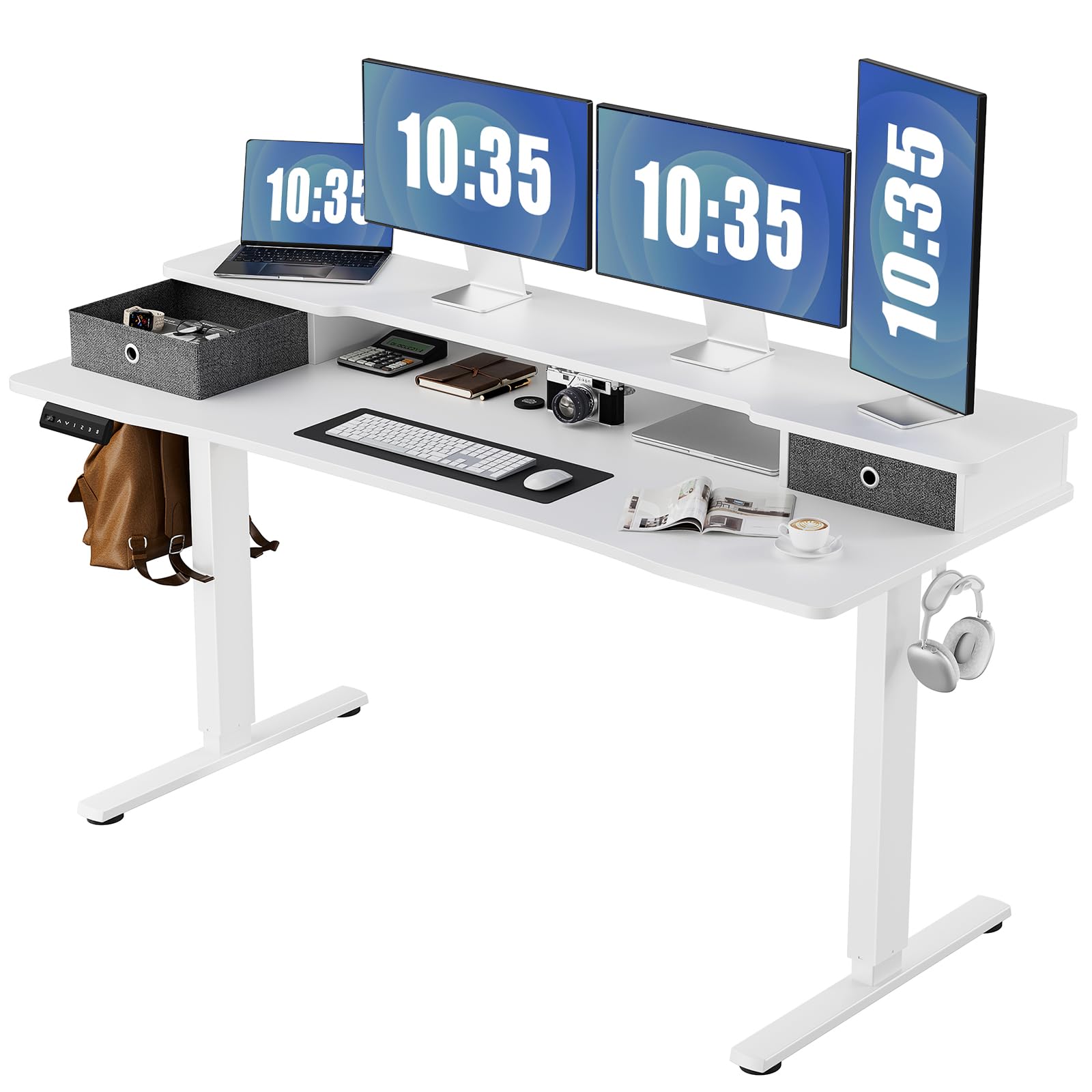 Electric Standing Desk with Double Drawer - 63 x 24 inch Adjustable Height Sit to Stand Up Desk with Storage Shelf, Rising Home Office Computer Table with Splice Board, 2 Hook and Wire Hole for Work