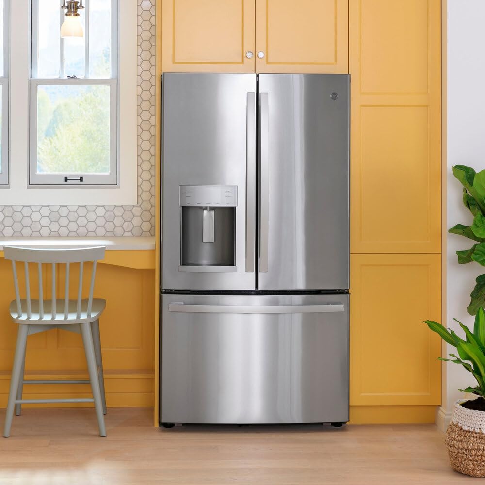 GE GYE22GYNFS 36" French Door Counter Depth Refrigerator with 22.1 cu. ft. Total Capacity Space Saving Ice Maker Showcase LED Lighting in Stainless Steel
