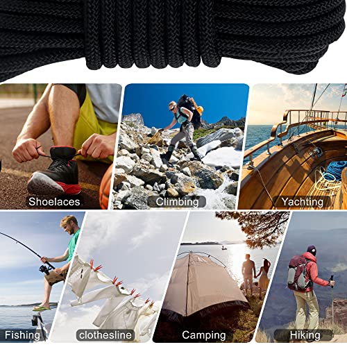 Nylon Rope Diamond Braided Black Rope 1/8inch×50feet(3mm×15m),High Strength Clothes line,Swings Nylon Cord,Hiking, Camping Poly Rope,Climbing Knots Utility Rope,Crafting Rope,Mooring Outdoor Rope