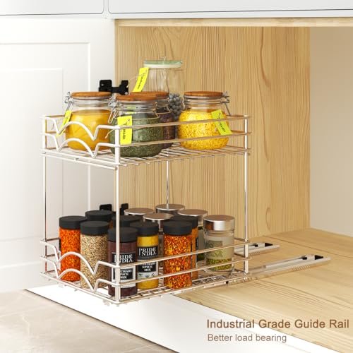 FANHAO Pull Out Spice Rack Organizer for Cabinet, Heavy Duty Slide Out Seasoning Kitchen Organizer, 2 Tier Cabinet Organizer Under Sink Organizers, 8.7" W x10.3 D x10.8 H, Chrome