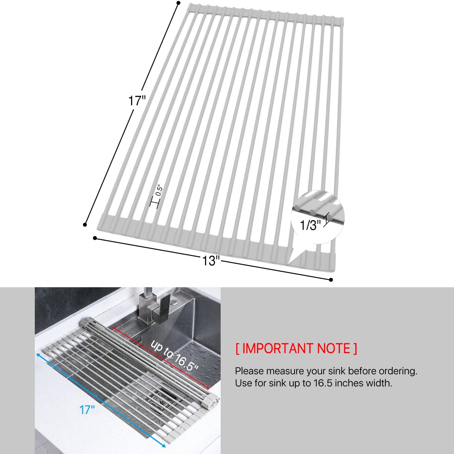 Geeyoung 17" x 13" Over The Sink Roll Up Dish Drying Rack - Food Safe Grade Silicone Wrapped Stainless Steel Dish Dying Rack - Foldable Roll Up Sink Drying Rack (Gray)