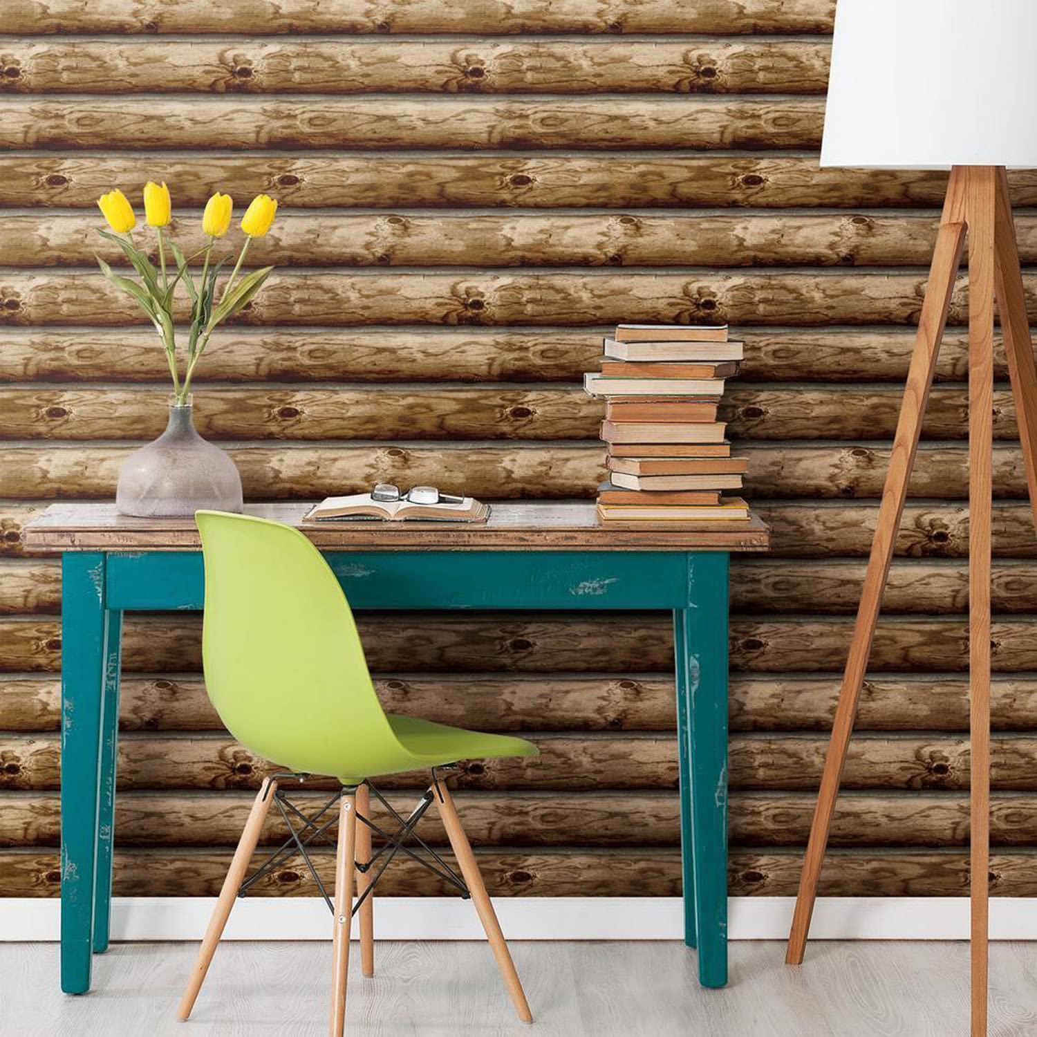 RoomMates RMK11308WP Brown Cabin Logs Peel and Stick Wallpaper