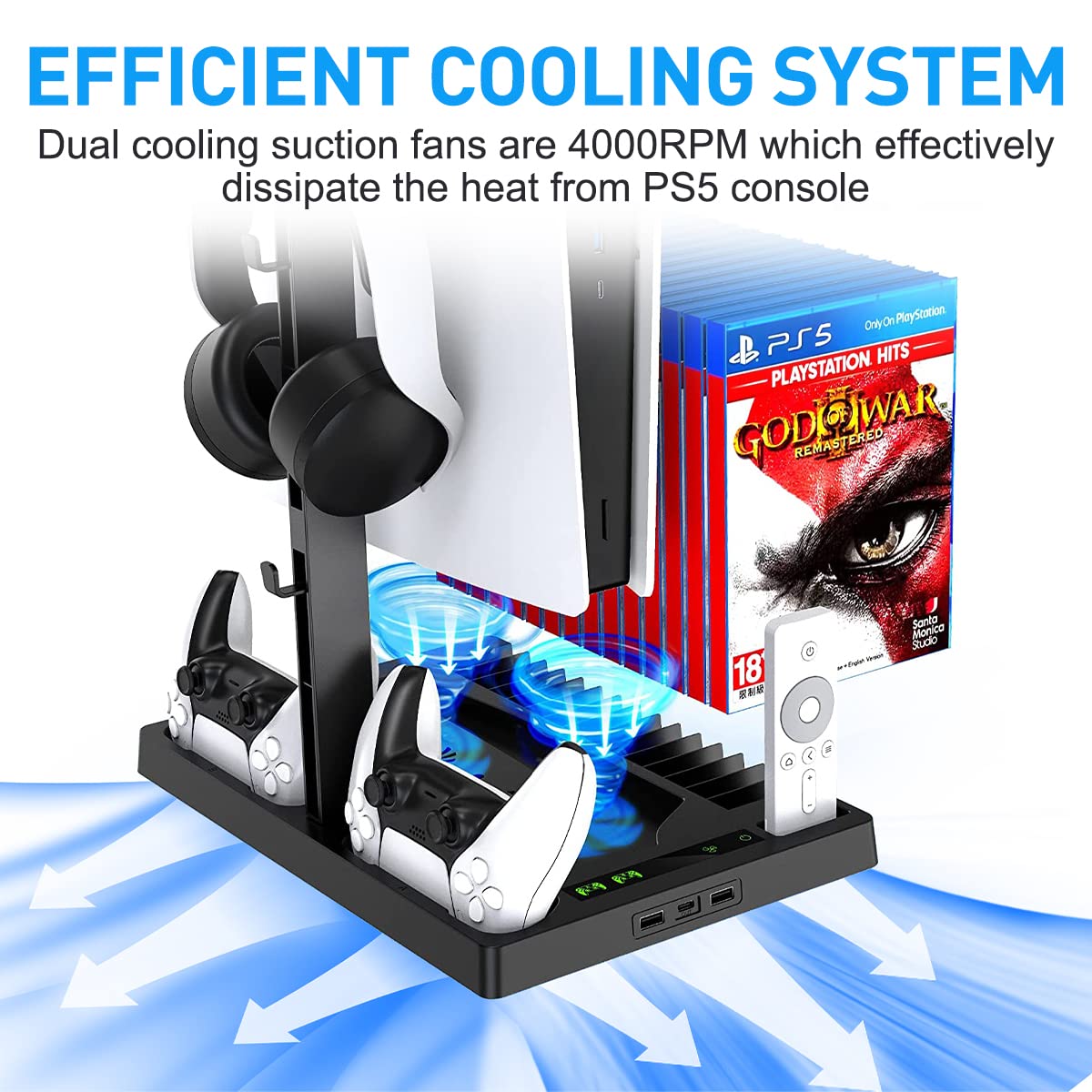 Geliebt Lynn PS5 Stand, PS5 Cooling Station, PS5 Controller Charging Station with 15 Games Organizer & Headset Holder