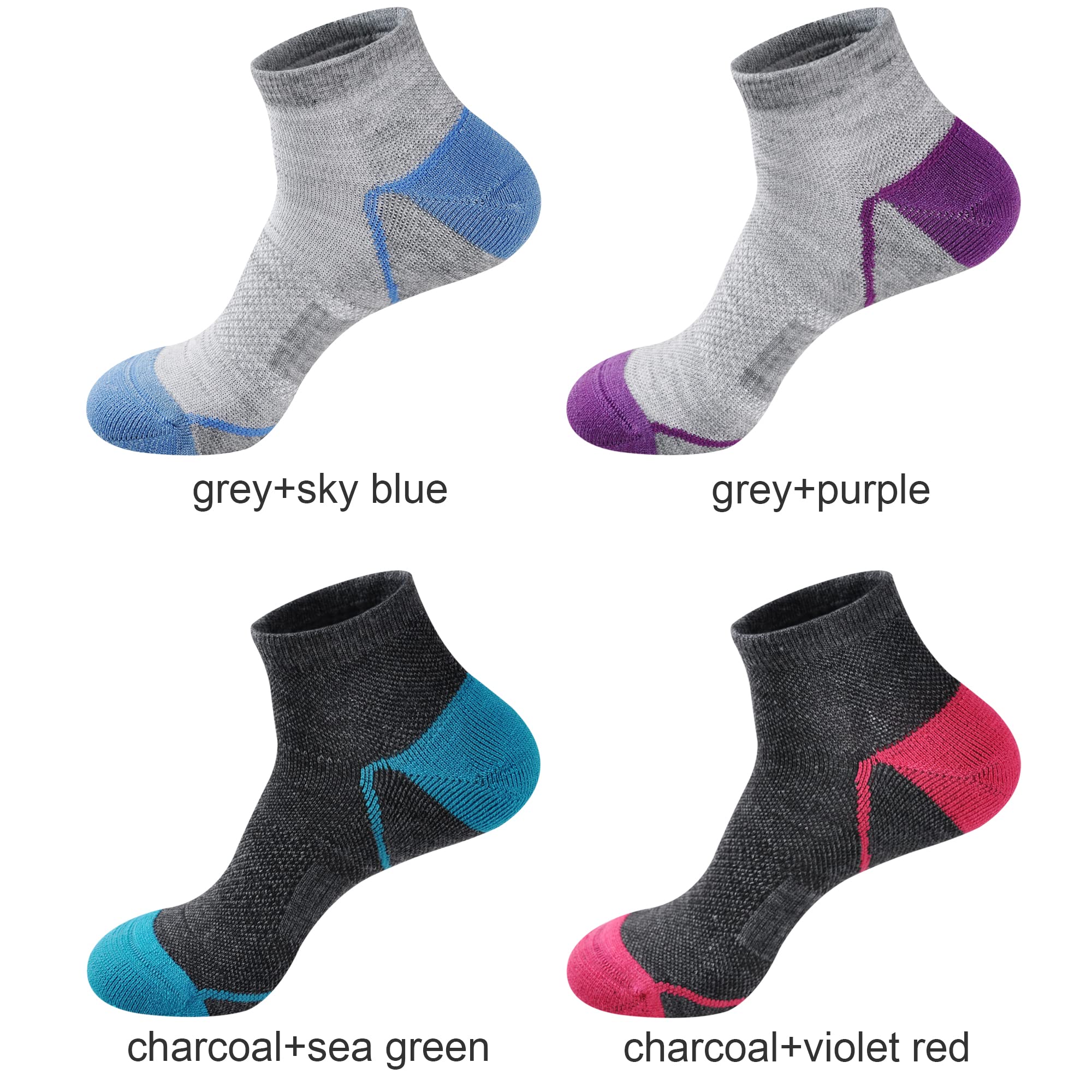 ECOEY Women's Merino Wool Running Golf Athletic Ankle Socks 4 Pairs (Mix-color, 9-11)