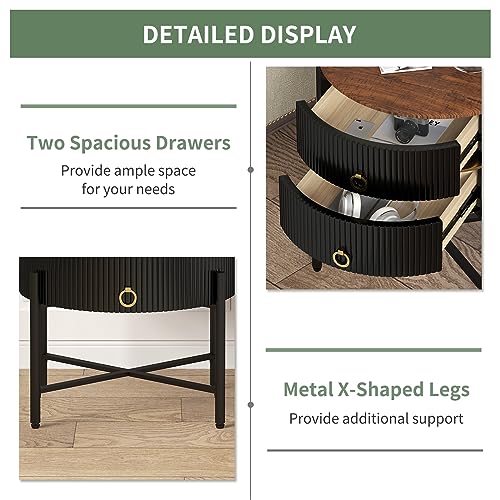 O&K FURNITURE Black Round Side Table for Living Room, Modern End Table with 2 Drawers, Metal Legs Nightstand for Bedroom, Black & Brown