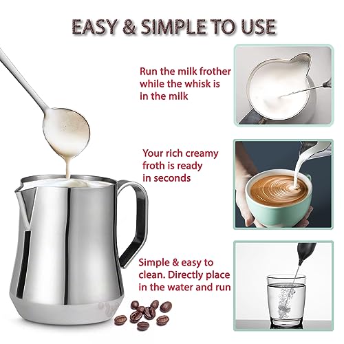 Rechargeable Milk Frother Handheld with Stand and Stencils - Usb Stainless Steel Stand or Wall Hanging for Kitchen Coffee Bar Electric Whisk Hand Blender Mixer for Latte Cappuccino Egg Protein Powder