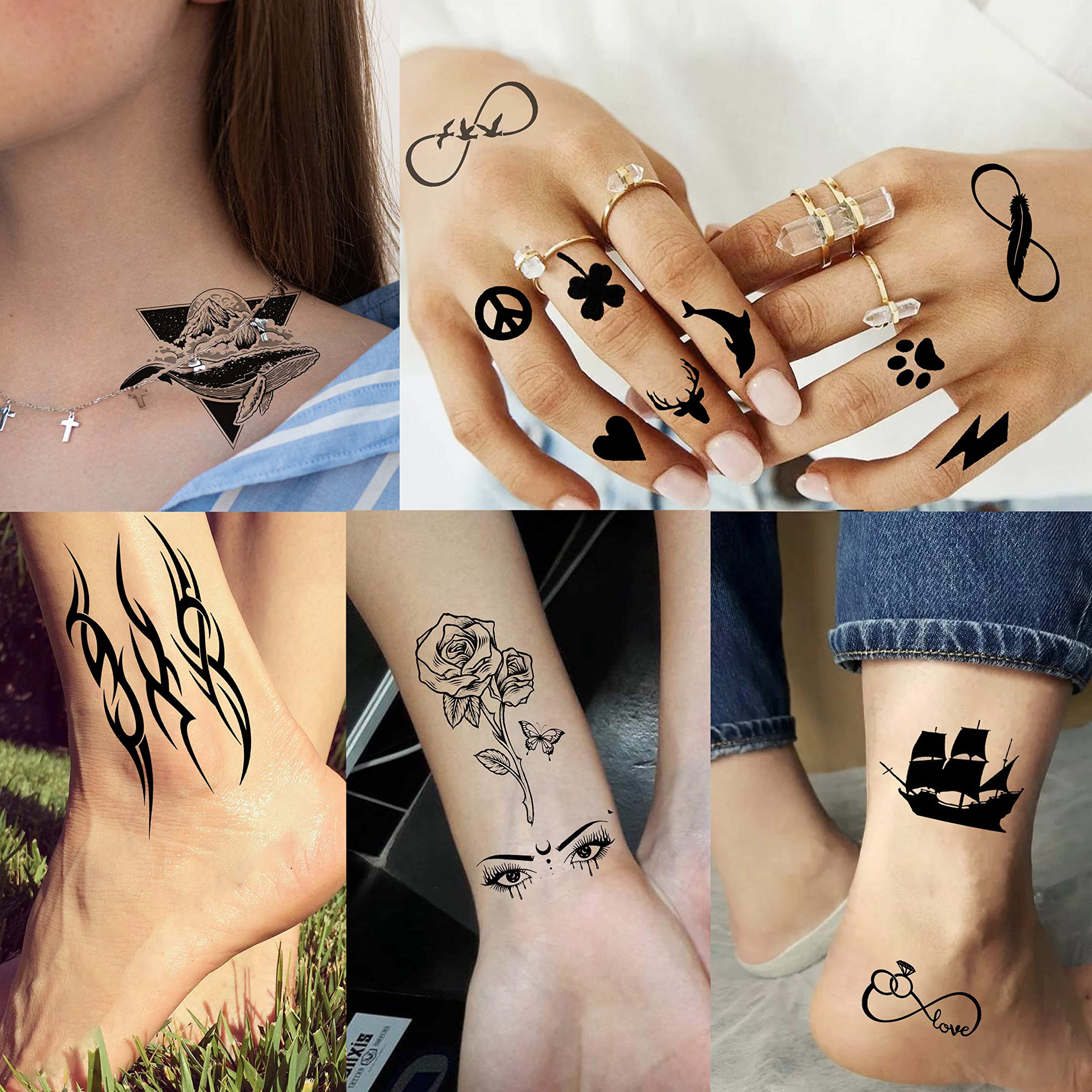 FANRUI 52 Sheets Creative Black Tiny Crown Infinity Triangle Fake Tattoos For Men Women Realistic Stars Letters Tattoos For Kids Tattoos Temporary Waterproof Arm Hand Face Finger Neck Tatoo Stickers