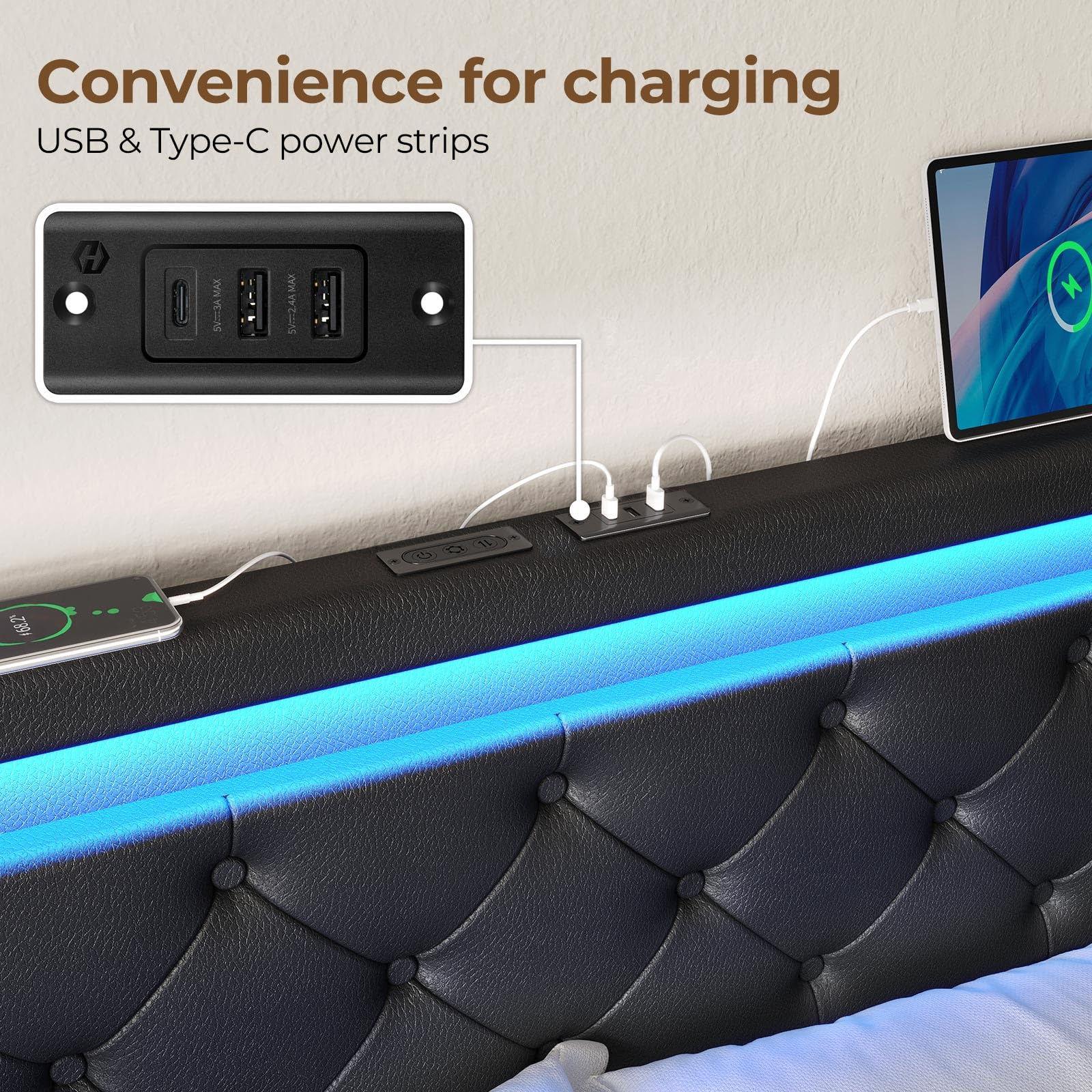 Rolanstar Full Bed Frame with LED Lights and Charging Station, PU Leather Bed with Drawers, Wooden Slats, Noise Free, Easy Assembly, Black
