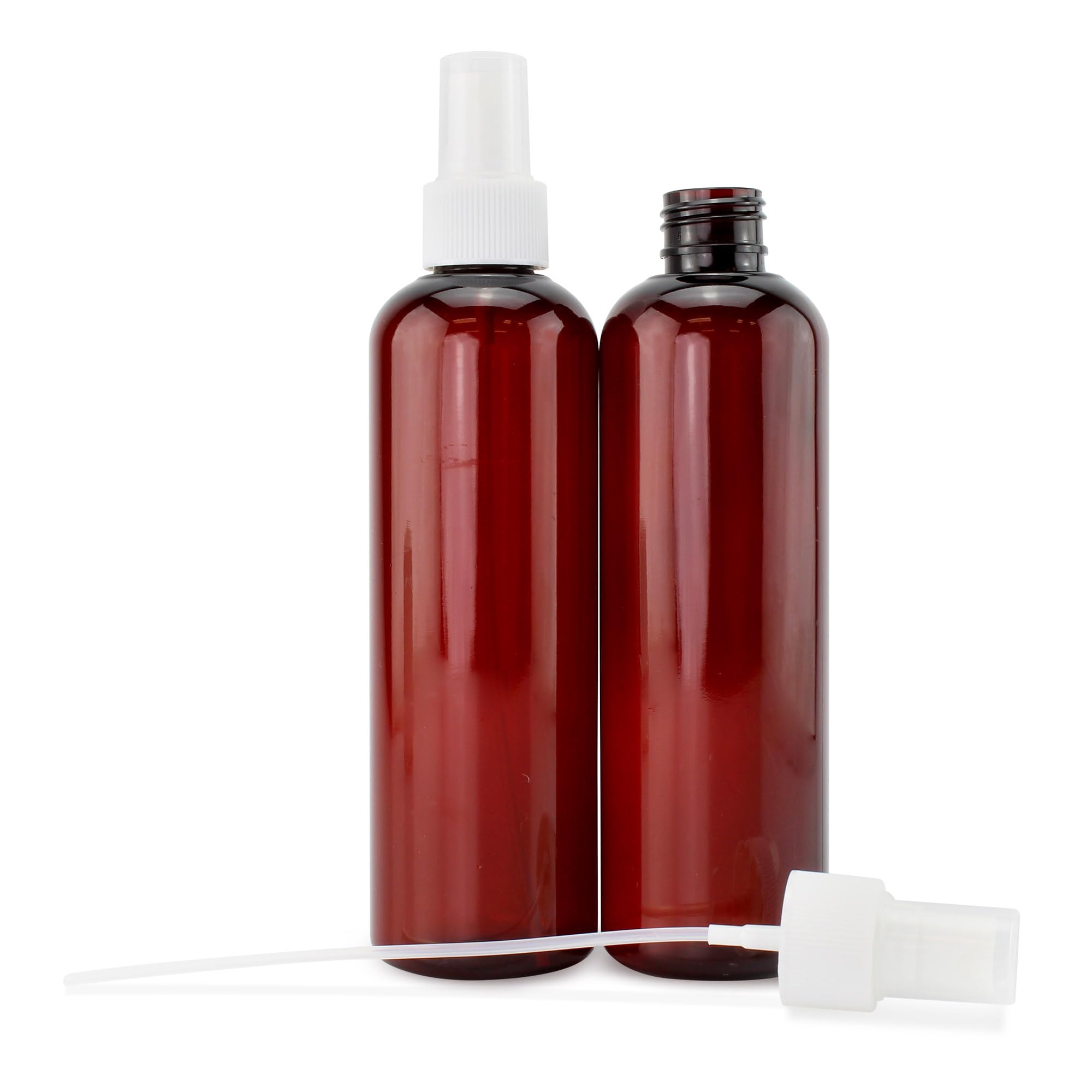 Cornucopia 8oz Amber Brown PLASTIC Spray Bottles with White Fine Mist Atomizers (6-Pack); Brown Plastic Spritzer Bottles