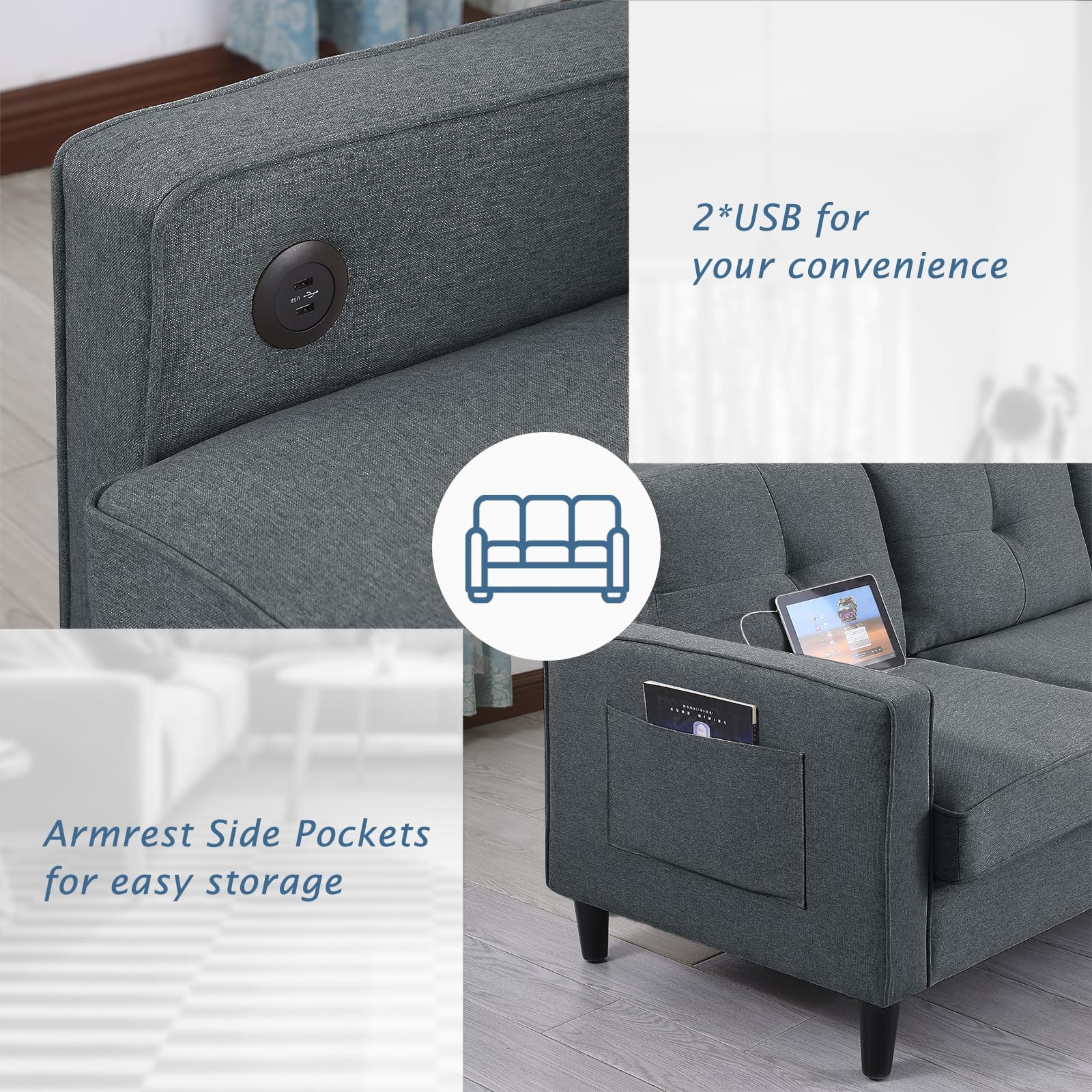 Sectional Sofa for Living Room 76inch Small Space Couches 3 Seater Sofa L shaped Chaise Loveseat Linen Fabric Comfy Couch Chairs with Reversible Ottoman Bench for Home, Apartment, Dorm, Office (Grey)