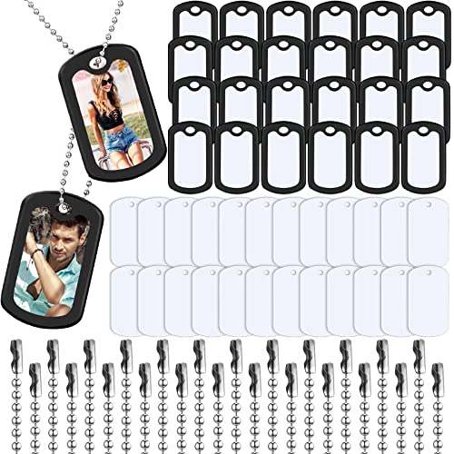 Sublimation Blank Dog Tag Set Aluminum White Stamping Tag Pendants Double Sided Blank Metal Tags with Military Silicone Dog Tag Silencer 23.6 Inch Dog Tag Chain for DIY (6 Sets)
