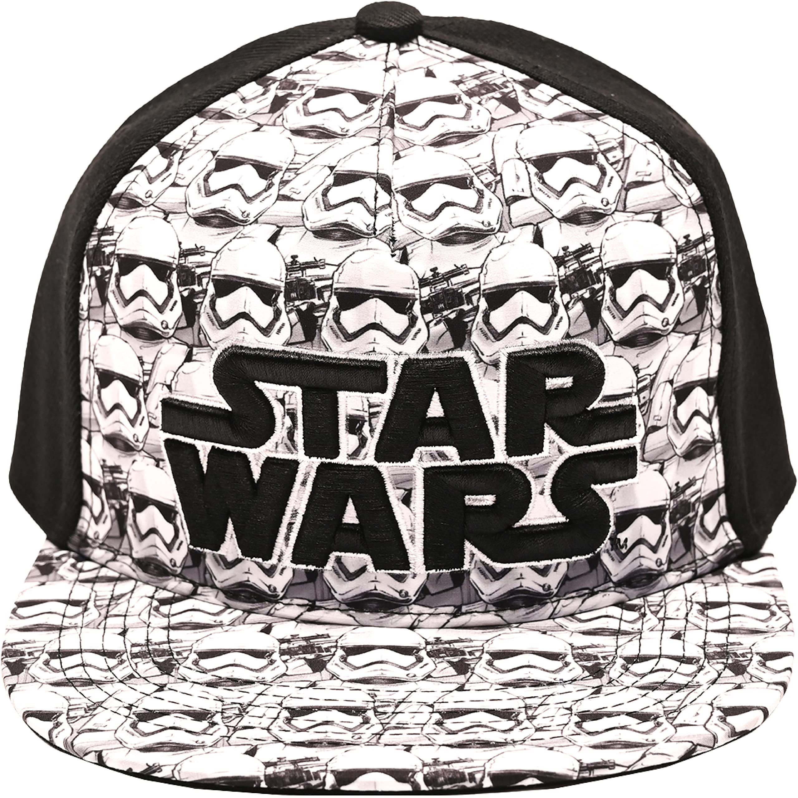 Disney mens Star Wars Embroidered Logo and Stormtrooper All Over Adjustable Snapback Baseball Hat with Flat Brim Black White One Size, Black, One Size US