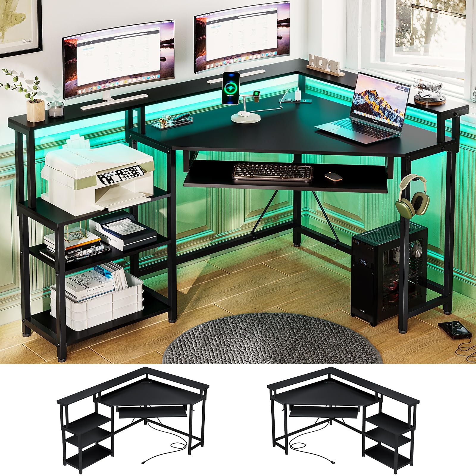 SEDETA Corner Desk, Small Computer Desk with Power Outlets, Gaming Desk with LED Lights, Home Office Desk with Storage for Small Space, Rustic Brown