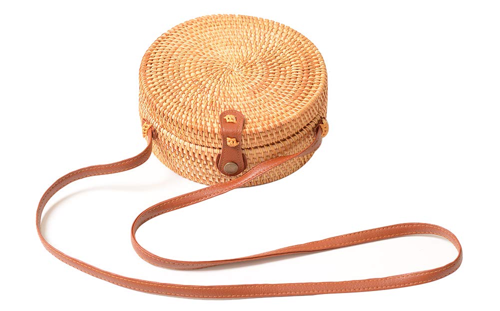 VODIU Women Bali Rattan CrossbodyBags Handmade Straw Bags Bohemian Shoulder Bag (Leather Buckle)
