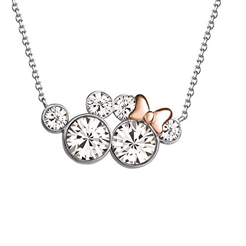 Disney Mickey and Minnie Mouse Jewelry, Two Tone Crystal Necklace, Silver Plated, Pink Flash Plated Necklace, 16+2" extender