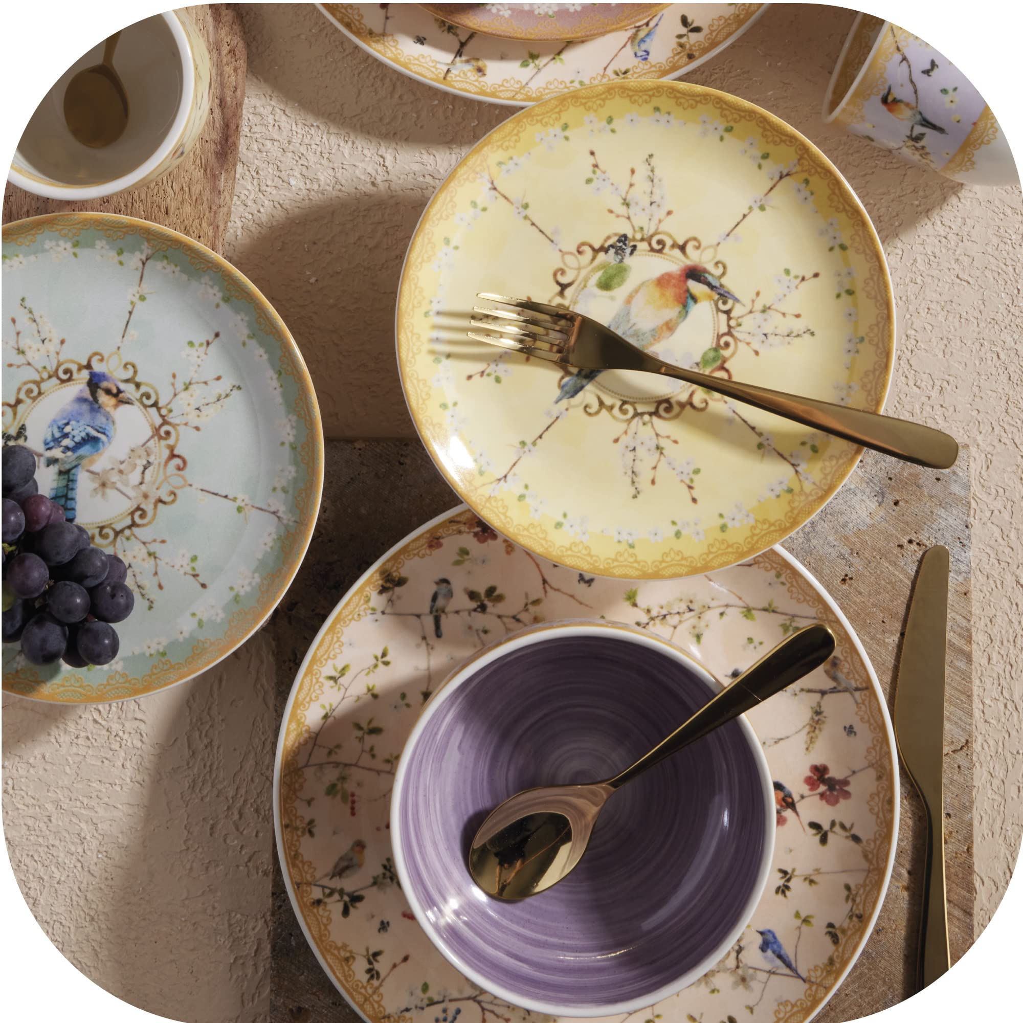 Corona Dinnerware Set 12– piece, Plates and Bowls Set, Ceramic Sets for 4, Microwave and Dishwasher Safe, Susurro Floral and Nature Design