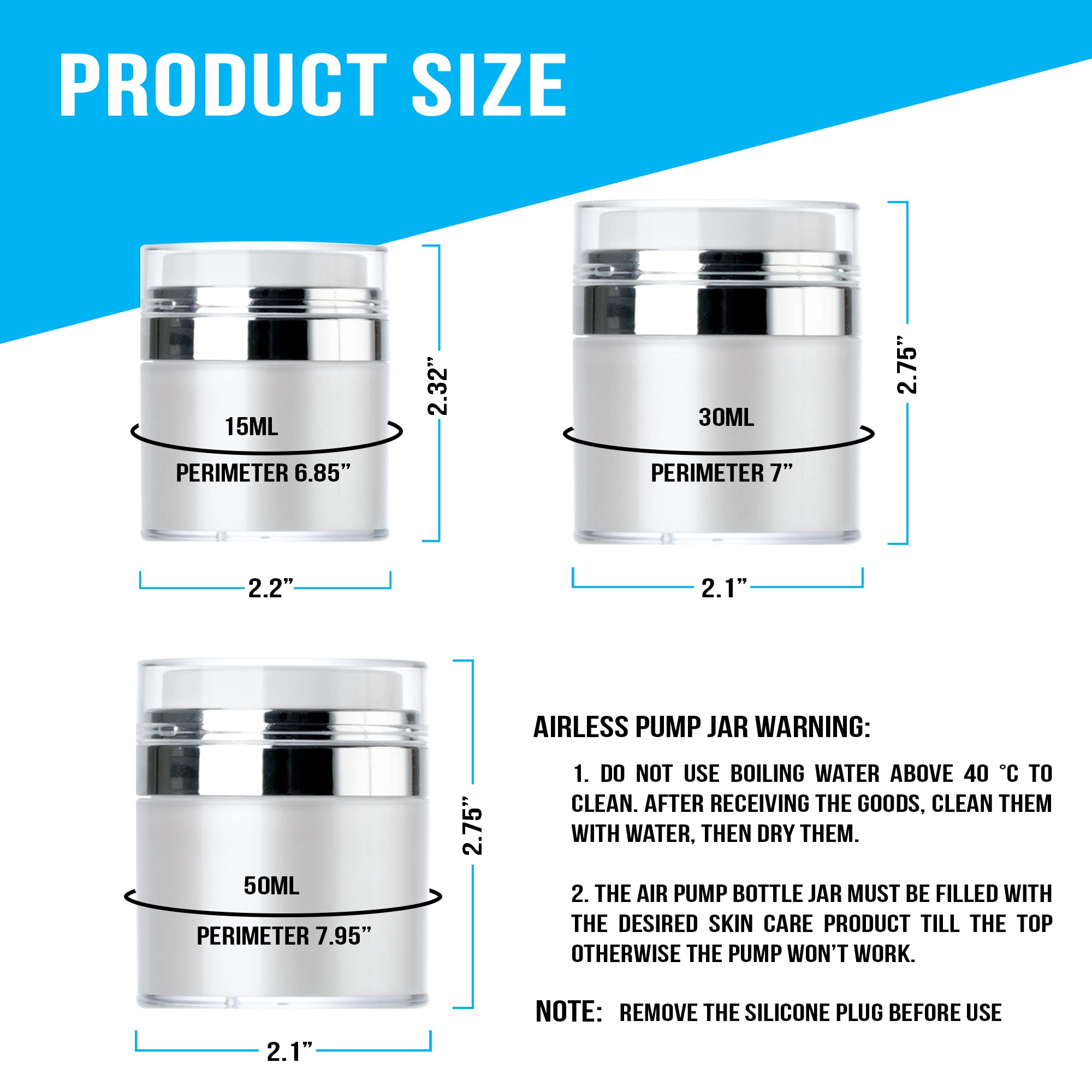 Elegend Empty Airless Cosmetic Container With Silver Ion Coating β 3pcs (0.5oz + 1oz + 1.7oz) β Airless Pump Jar for Cosmetic β The Best Refillable Container for Lotions, Gels & Creams