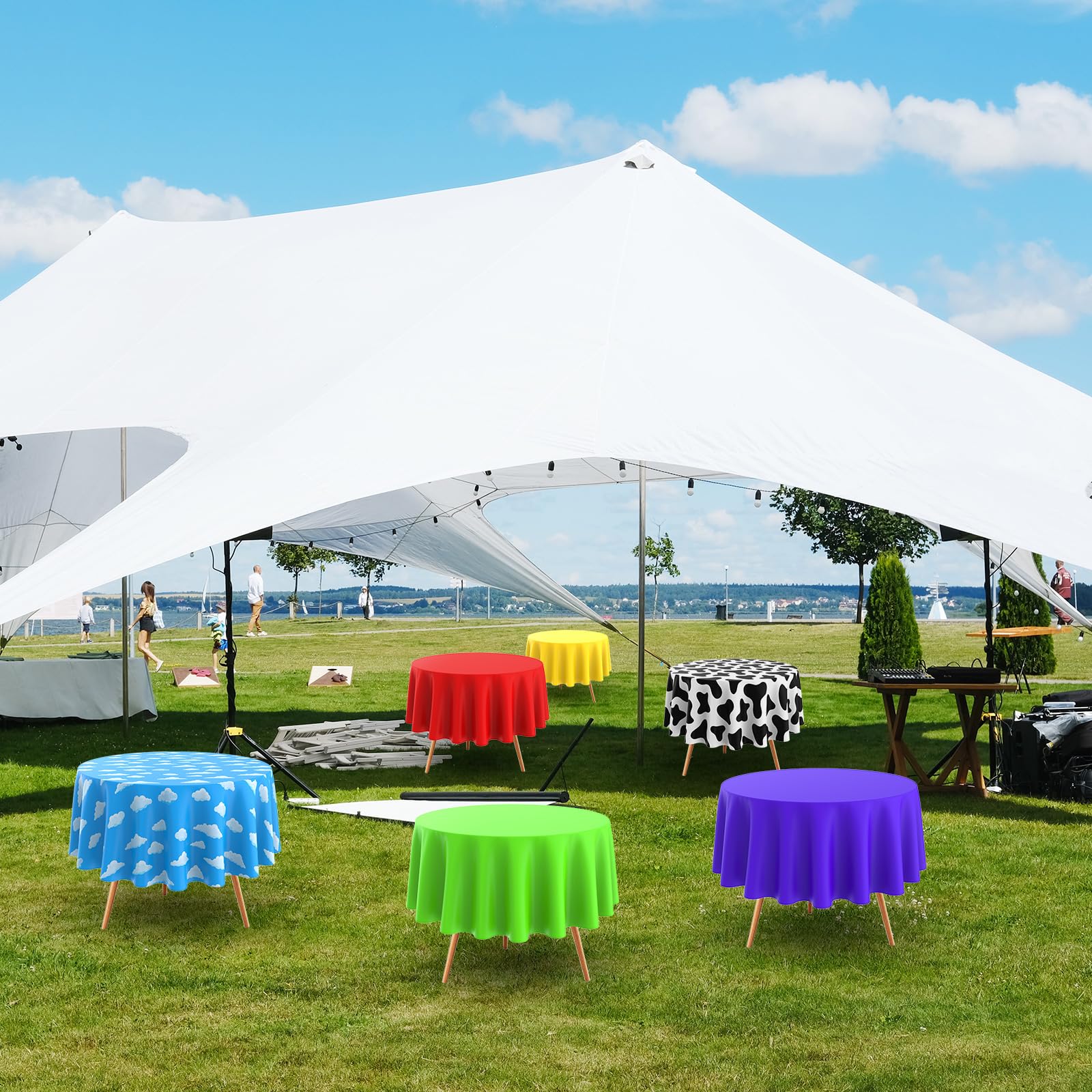 Kinlop 6 Pieces Round Tablecloth 84 Inch Cloud Tablecloth Cow Print Tablecloth Premium Plastic Table Cloth Disposable Table Covers Waterproof Tablecloths for Party Dinner Birthday Camping Picnic