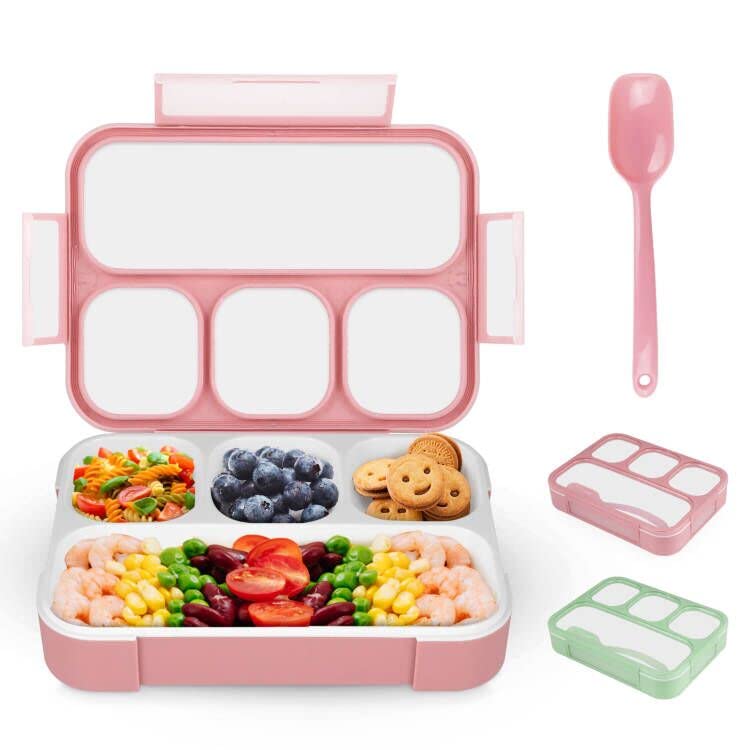 NatraProw Bento Box for Kids, 4 Compartment Kids Lunch Box Leak Proof, Cute Bento Snack Box for Adults and Kids With Utensils, Lunch Containers BPA-Free, Microwave Bento Box (Pink)