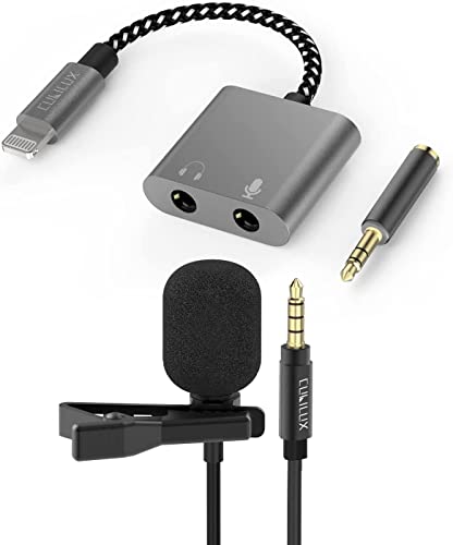 Cubilux Lightning Recording Kit, Lightning to Microphone & Headphone Splitter Bundled with 3.5mm TRRS Unidirectional Lavalier MIC Compatible with iPad, iPad Air/Mini, iPhone 14 Pro Max 14 Plus/13/12