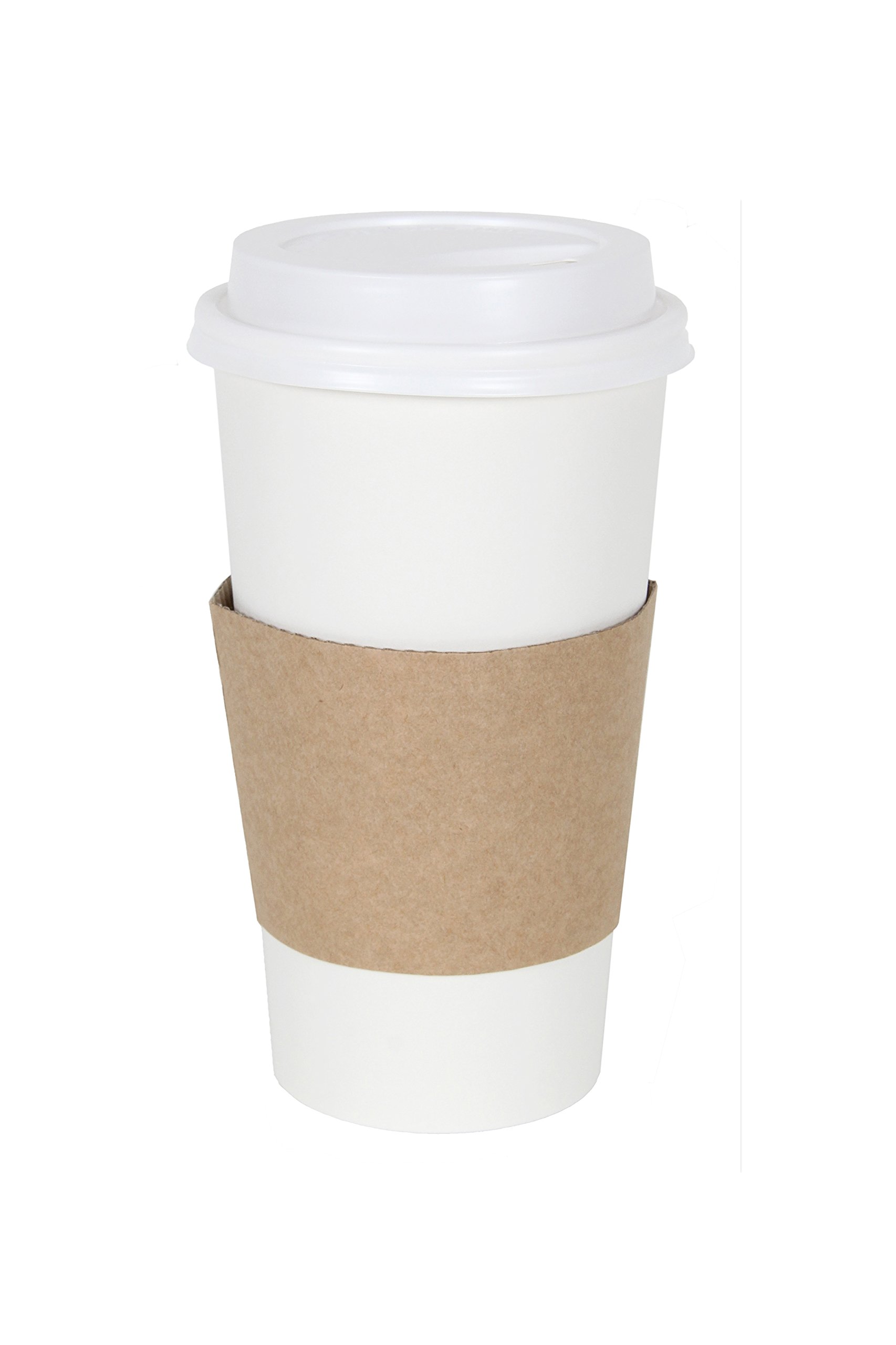 CucinaPrime White Paper Hot Coffee Cups with White Lids and Sleeves (20 Ounce - 50 Pack)