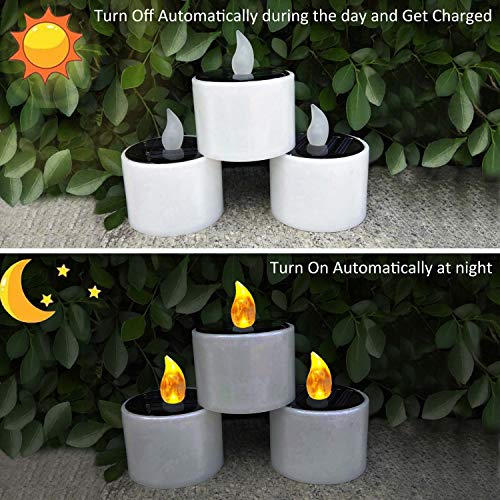 Decorman Solar Tea Lights, 8 Pack Flameless Rechargeable Amber Warm White Flickering LED Candle Lights, Waterproof Lantern Tealight for Home Wedding Garden Yard Pathway